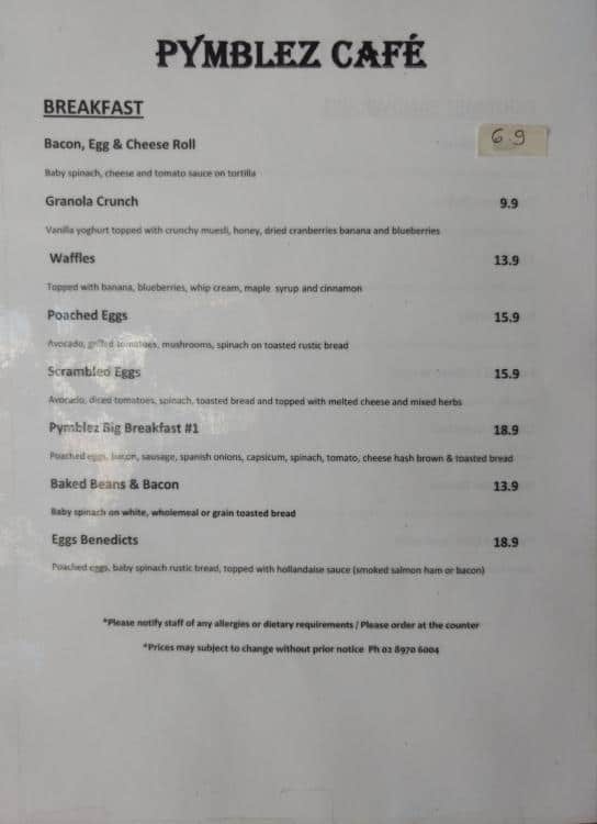 Menu at Pymblez Cafe, Pymble