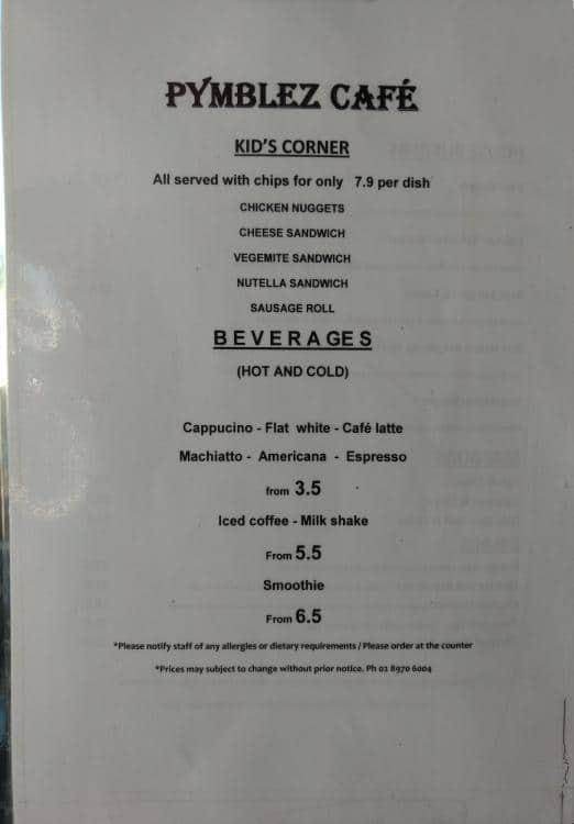 Menu at Pymblez Cafe, Pymble