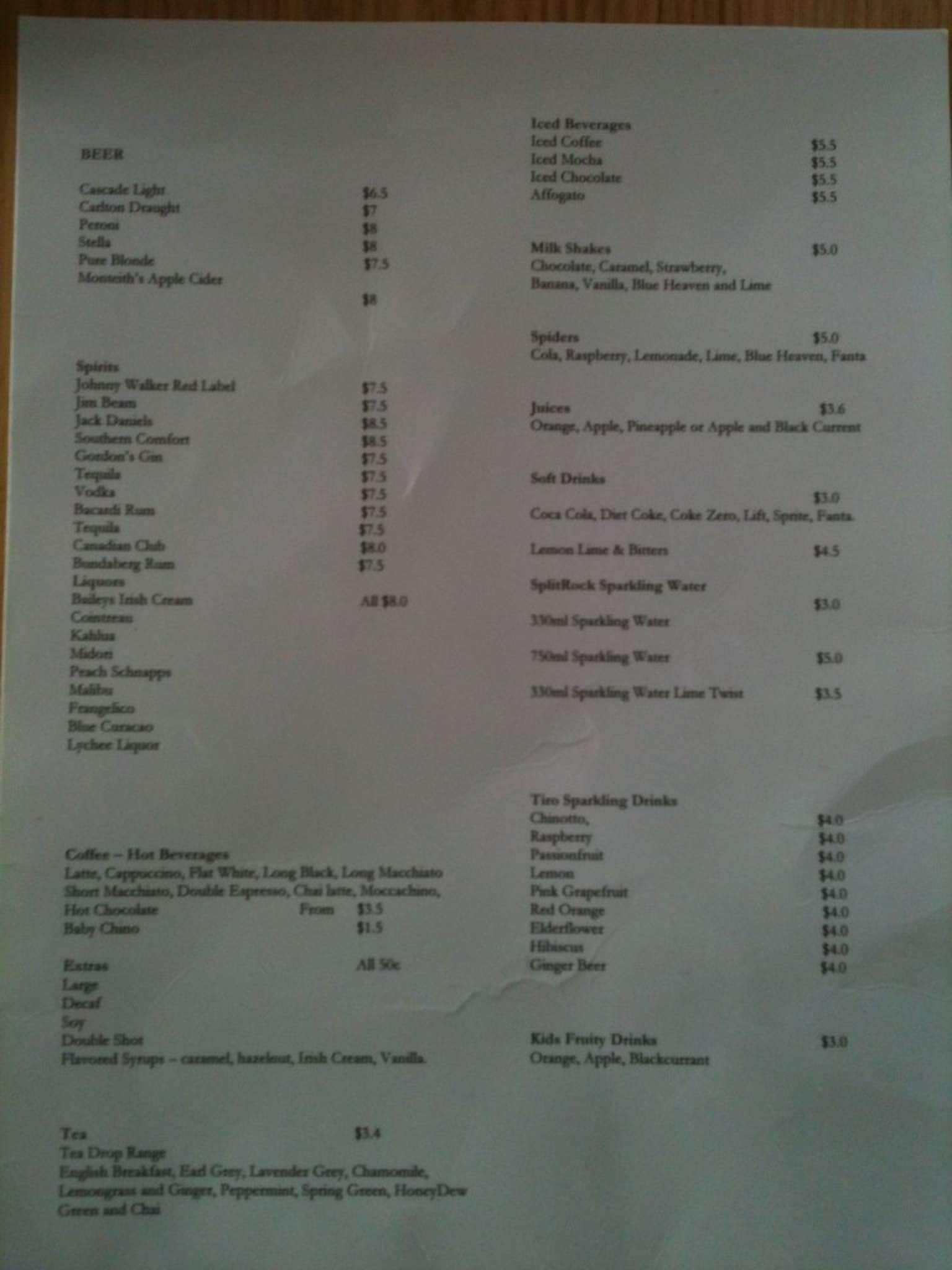 Menu at Degani cafe, Shepparton