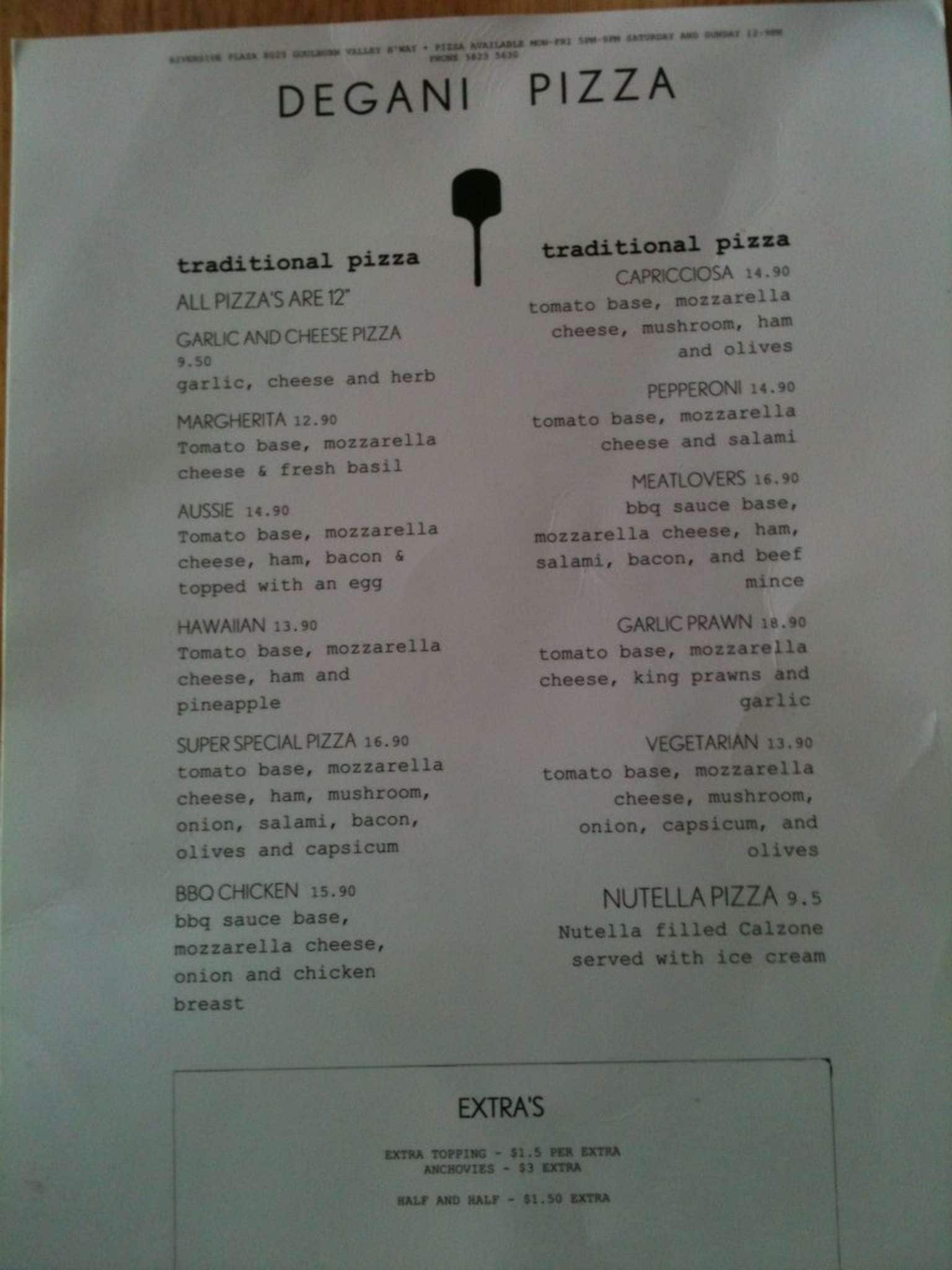 Menu at Degani cafe, Shepparton