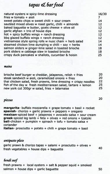 Drift Menu, Menu for Drift, Bondi Beach, Sydney - Urbanspoon/Zomato