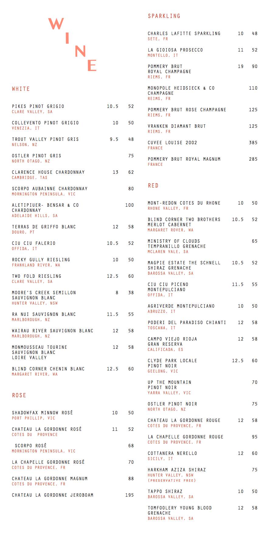 Menu at Drift pub & bar, Bondi Beach