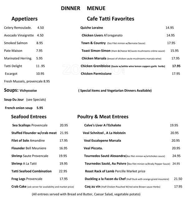 Menu at Cafe Tatti, McLean