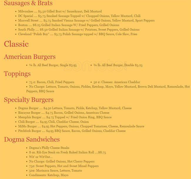 Menu at Dogma Grill restaurant, Miami, Biscayne Blvd