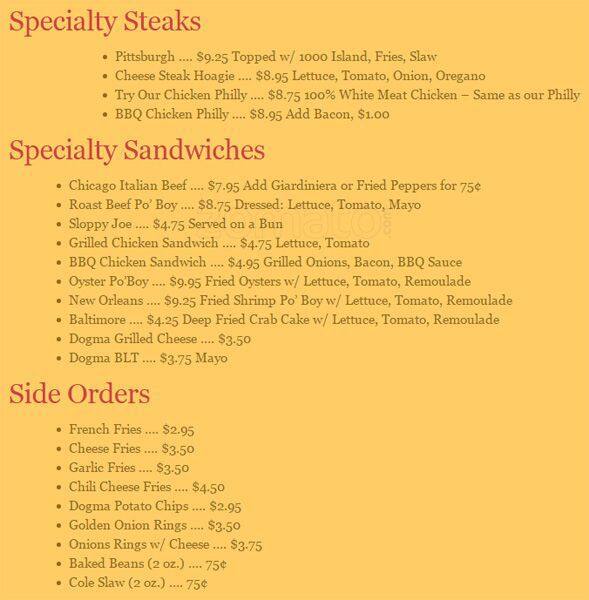 Menu at Dogma Grill restaurant, Miami, Biscayne Blvd