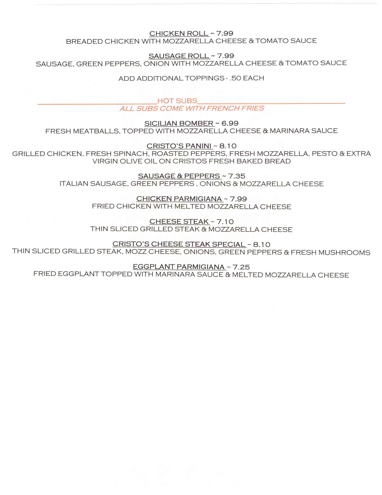 Menu at Cristo's Ristorante & Pizzeria, Raleigh