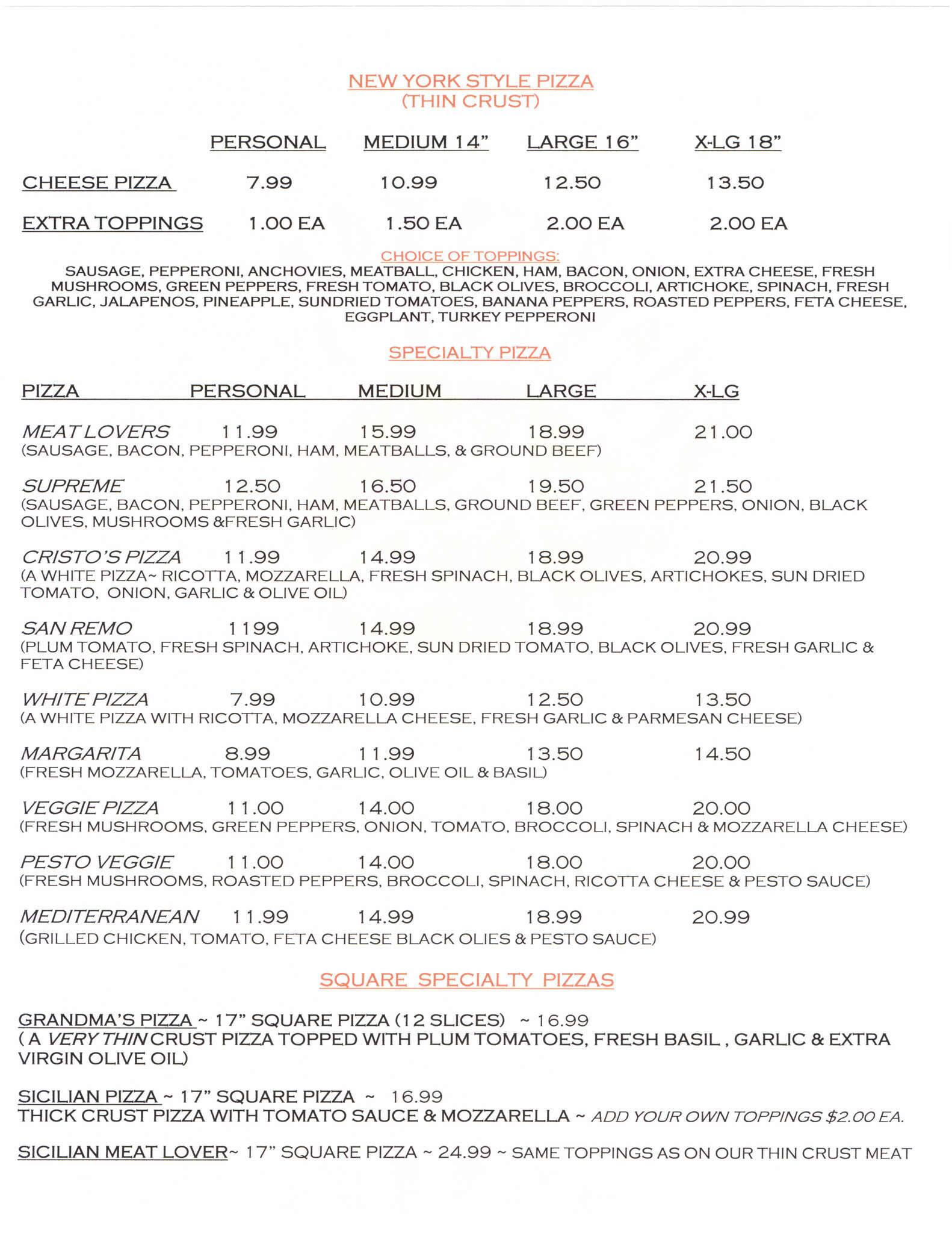 Menu at Cristo's Ristorante & Pizzeria, Raleigh