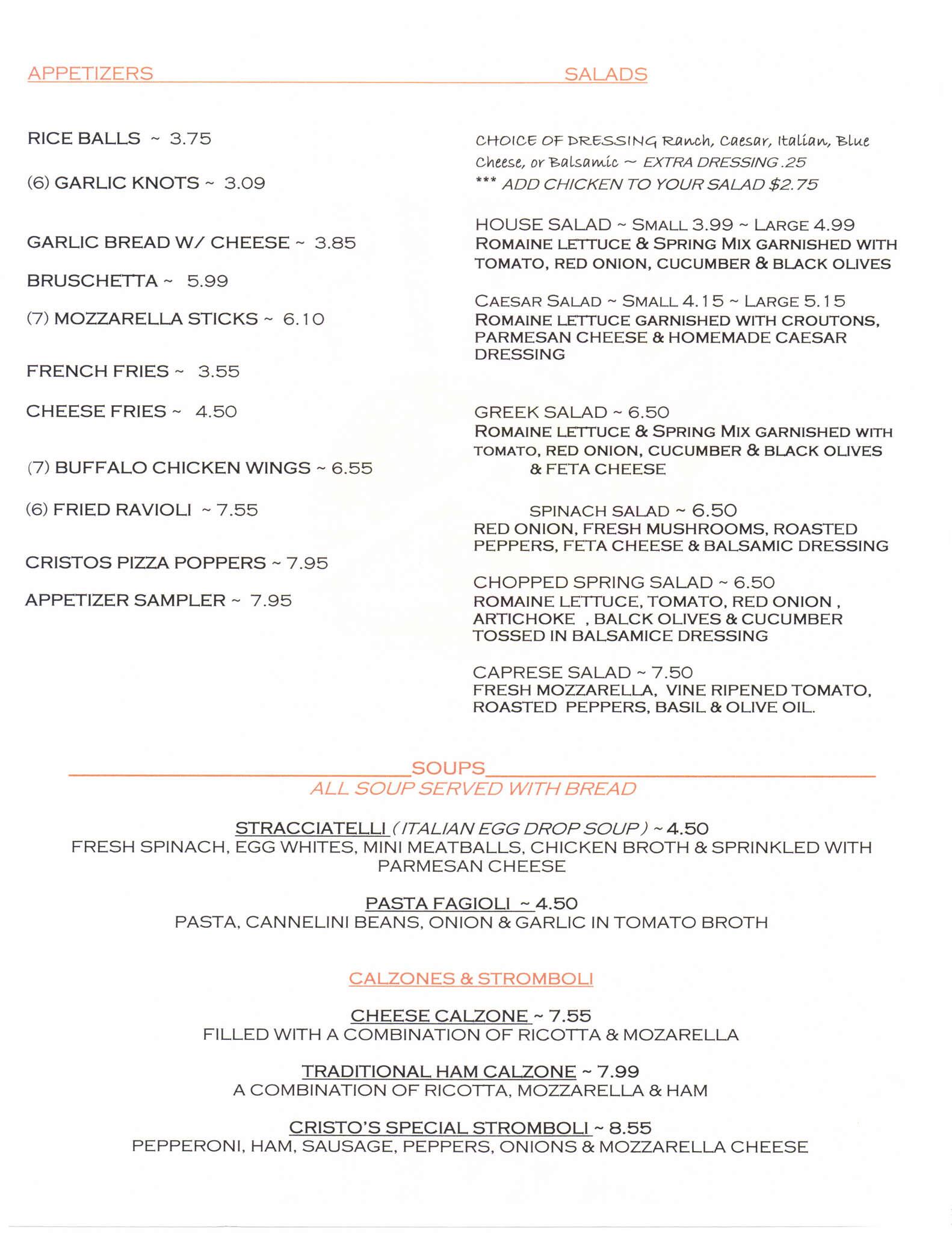 Menu at Cristo's Ristorante & Pizzeria, Raleigh