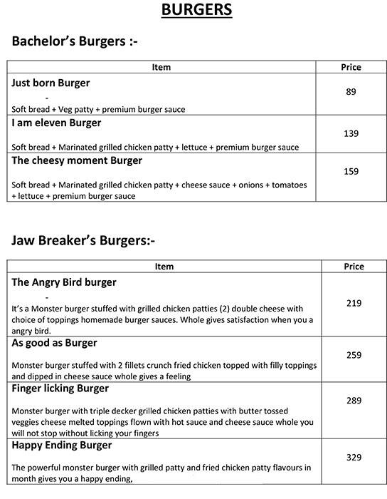 Menu of Bachelor Burgers, Bommanahalli, Bangalore