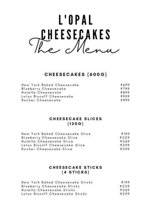 Menu of L'Opal Cheesecakes, DLF Phase 3, Gurgaon