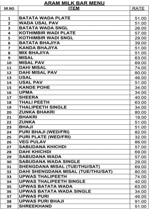 Menu of Aram, Mumbai CST Area, Mumbai