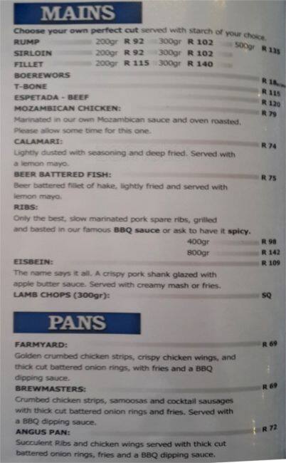 Menu at ANGUS GRILL restaurant, Kempton Park