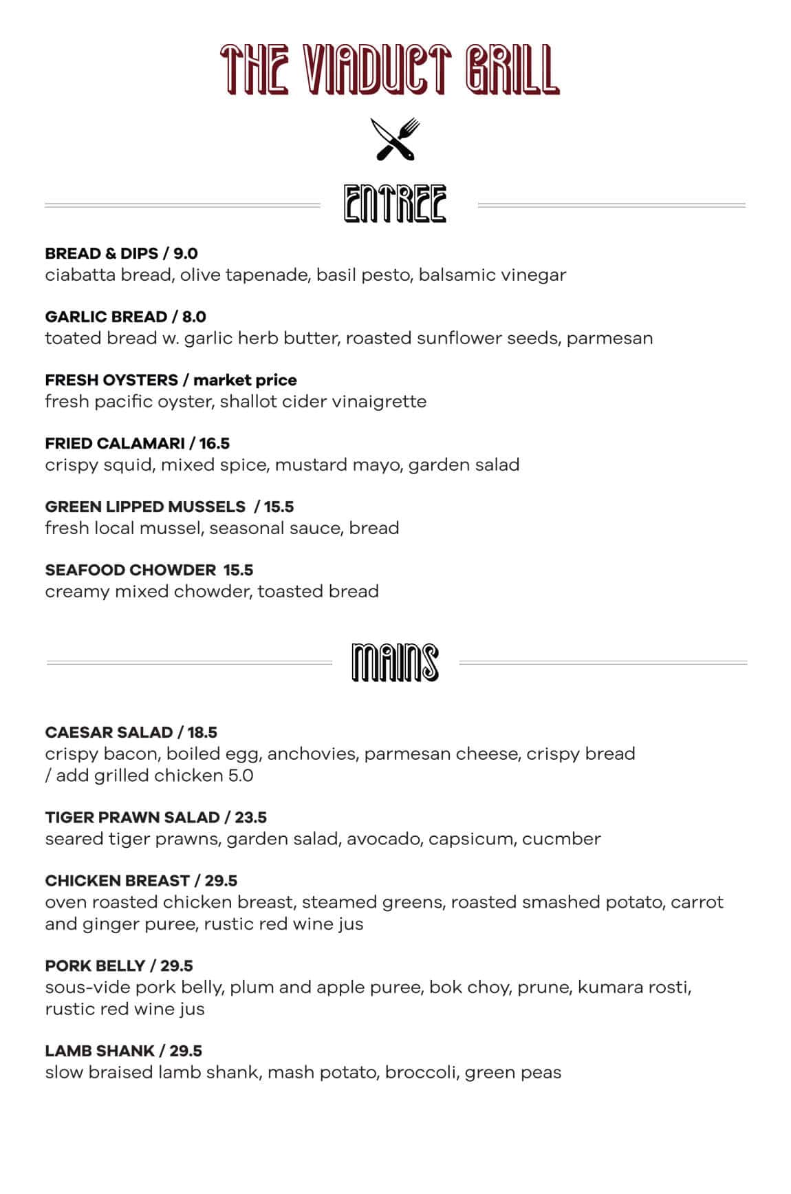 Menu at The Viaduct Grill steakhouse, Auckland