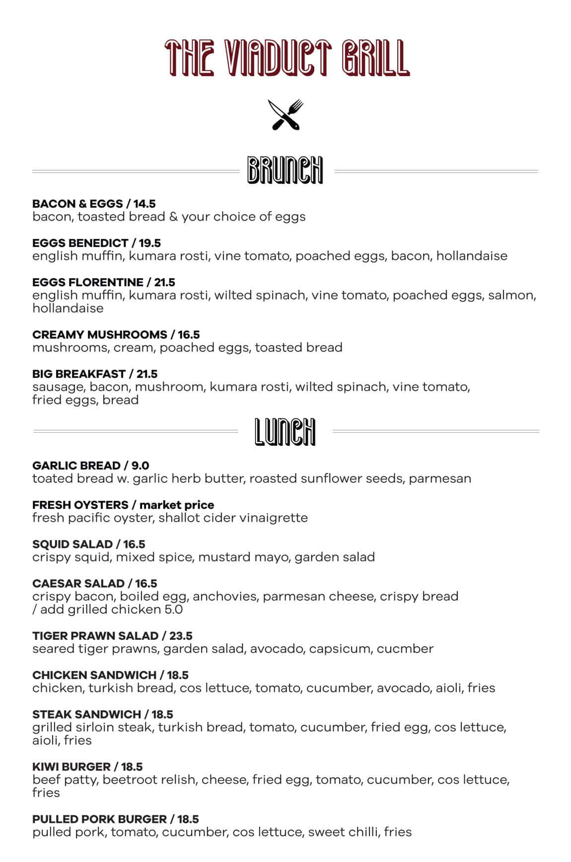 Menu at The Viaduct Grill steakhouse, Auckland