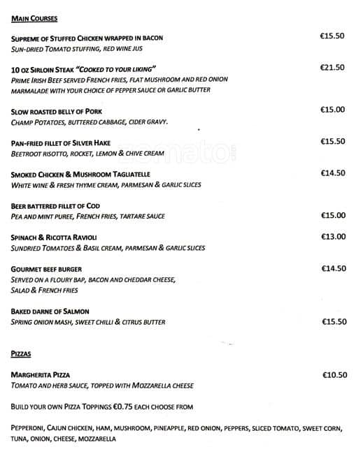 Menu at Sorrel's Bistro - Green Isle Hotel, Dublin