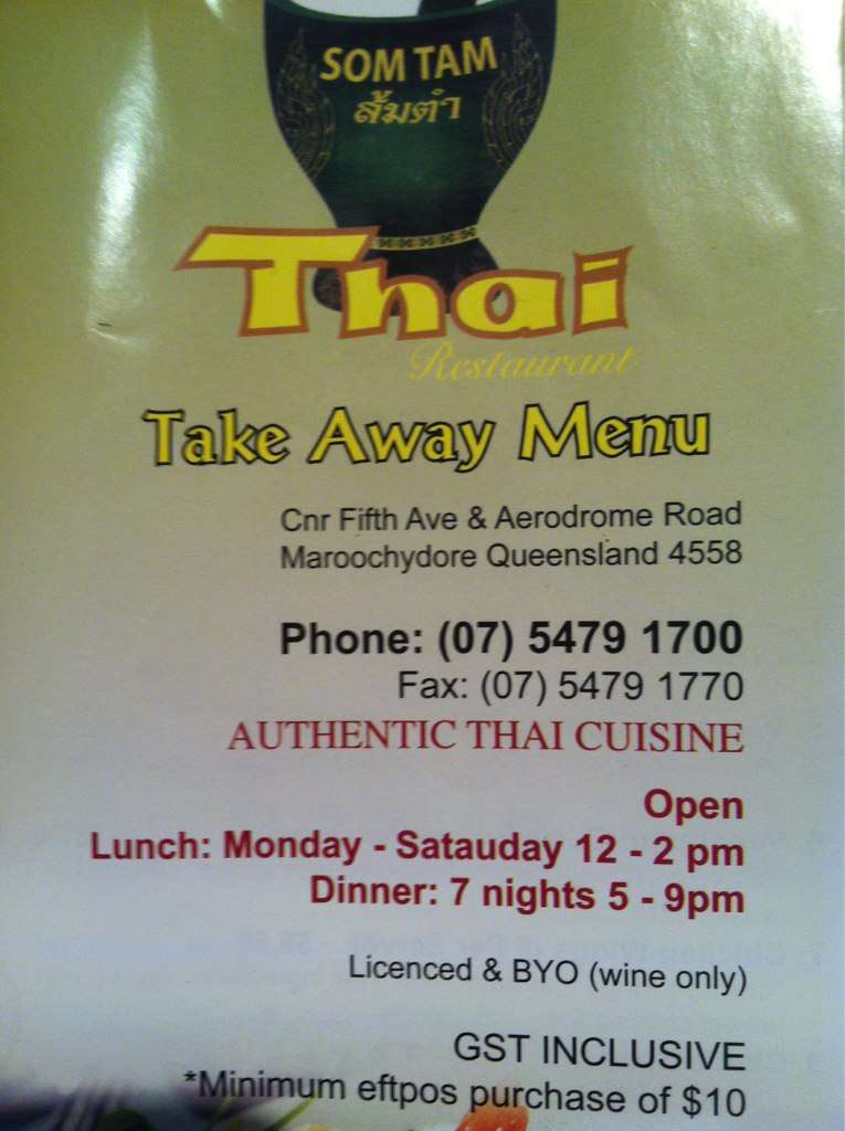 Menu at Som Tam Thai Restaurant, Maroochydore
