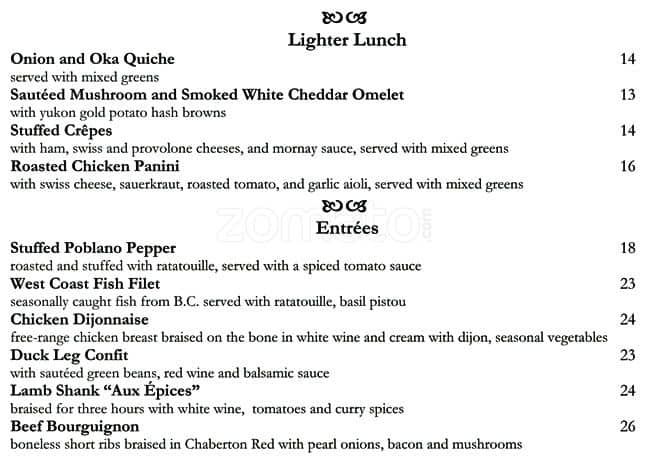 Menu at Bacchus Bistro restaurant, Langley Township