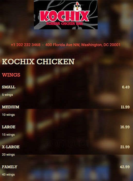 Menu at KoChix Chicken restaurant, Washington, 400 Florida Ave NW