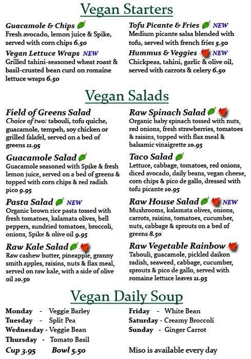 Menu at Field of Greens restaurant, Houston
