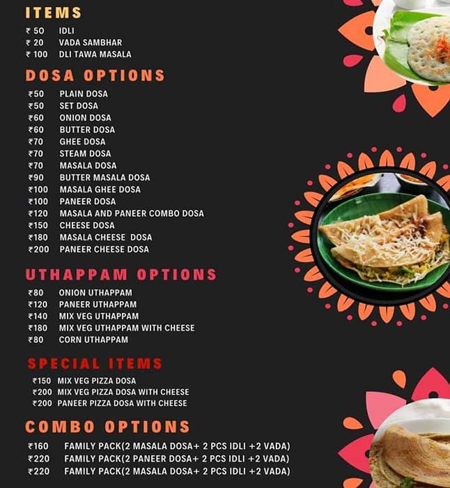 Menu of The Dosa Hut, Lado Sarai, New Delhi