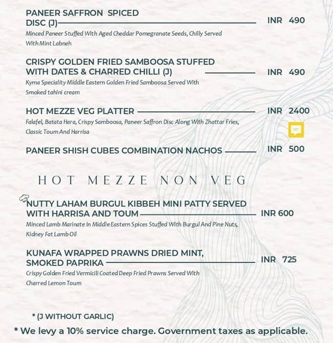 Menu at Kyma, Mumbai