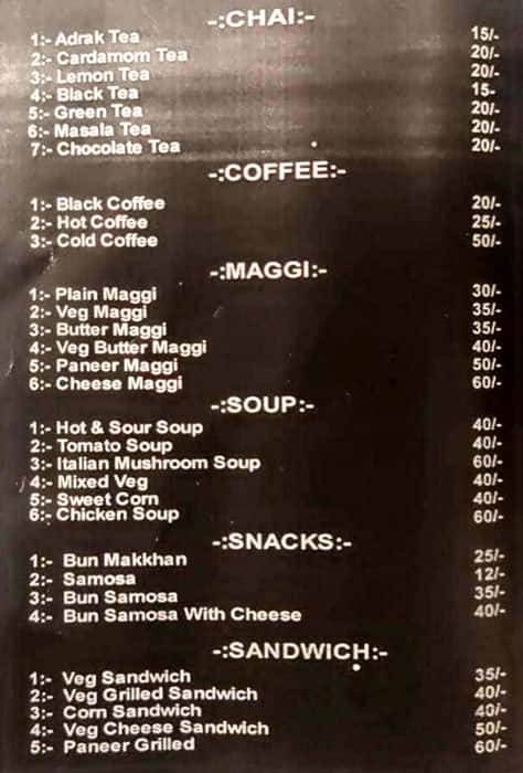 Menu of Baba Ki Chai, Aliganj, Lucknow