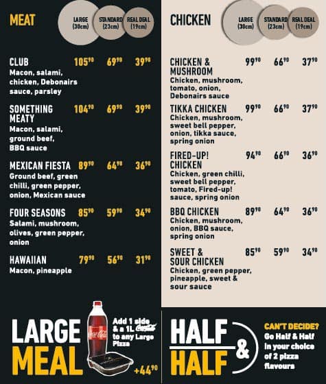 Menu at Debonairs Pizza fast food, Cape Town, Sunnyside Road