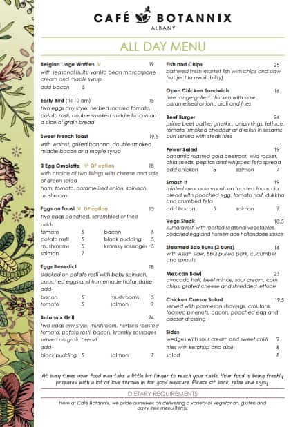Menu at Cafe Botannix Albany, Auckland