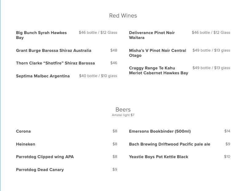 Menu at Beach Kiosk restaurant, Lower Hutt, The Esplanade