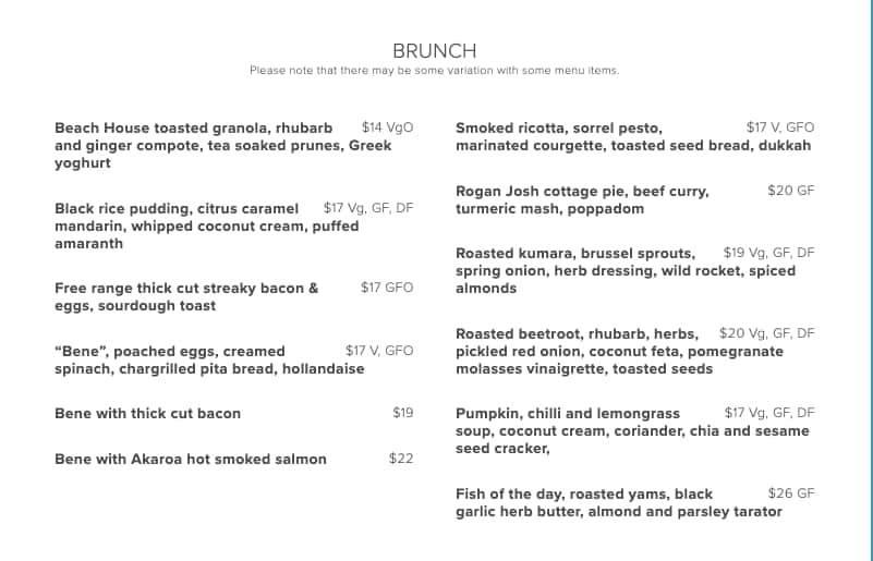 Menu at Beach Kiosk restaurant, Lower Hutt, The Esplanade