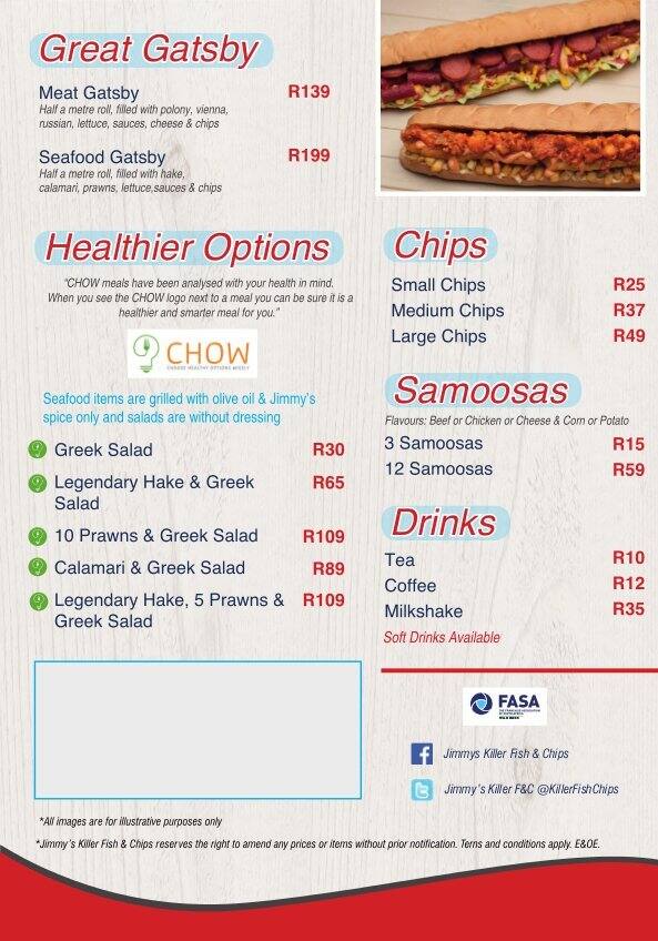Menu at Jimmys Killer Fish And Chips restaurant, Durban, 6 Jubilee Grove