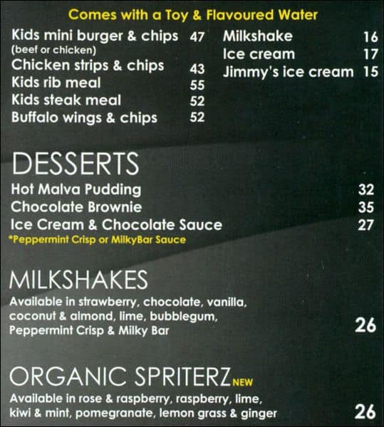 Menu at Jimmy's Killer Fish and Chips restaurant, Umhlanga, Umhlanga Plaza