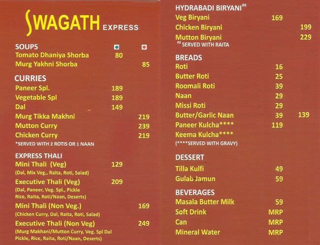 Menu at Swagath Express, Chandigarh, Elante Mall