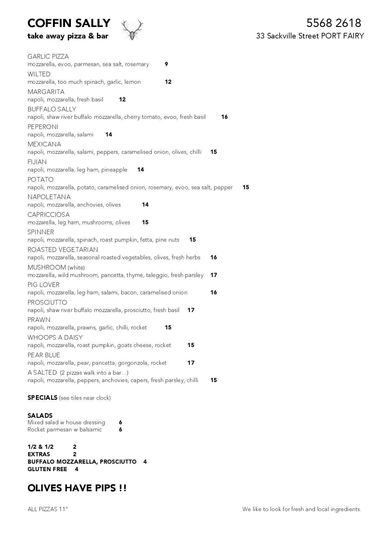Menu at Coffin Sally pizzeria, Port Fairy
