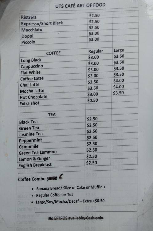 Menu at UTS Art of Food Cafe, Haymarket, 1-59 Quay St