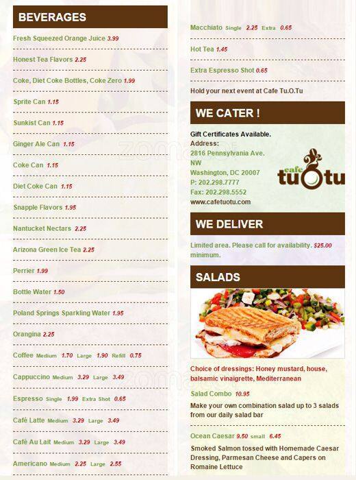 Menu at Café Tu O Tu cafe, Washington, Pennsylvania Avenue NW