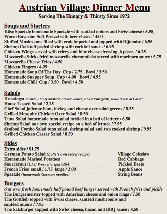 Menu at Austrian Village Bar & Restaurant, Rockledge
