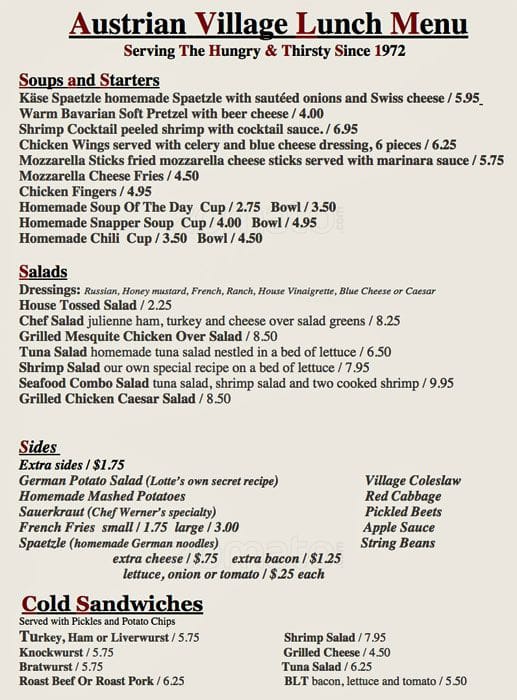 Austrian Village Menu, Menu for Austrian Village, Fox Chase ...
