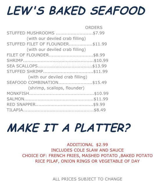 Menu at Lew's Seafood restaurant, Glenside