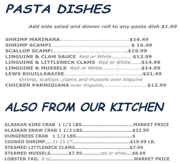 Menu at Lew's Seafood restaurant, Glenside