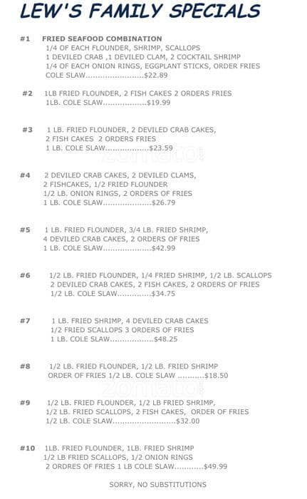 Menu at Lew's Seafood restaurant, Glenside