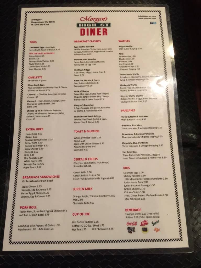 Menu at Morgan's High St Diner restaurant, Morgantown