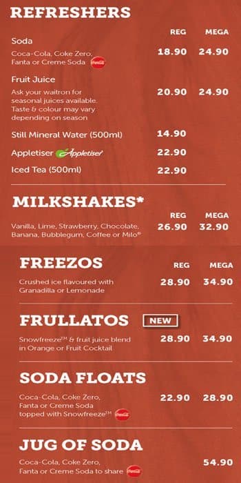 Menu at Wimpy restaurant, White River, Kruger Mpumalanga International ...