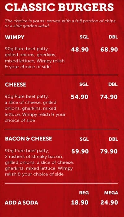Menu at Wimpy restaurant, White River, Kruger Mpumalanga International ...