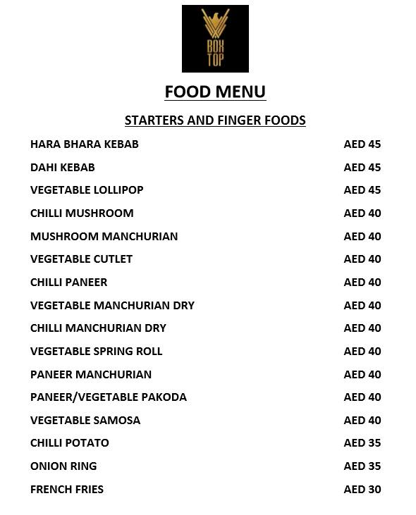 Menu at Box Top Lounge - Imperial Suites Hotel, Dubai