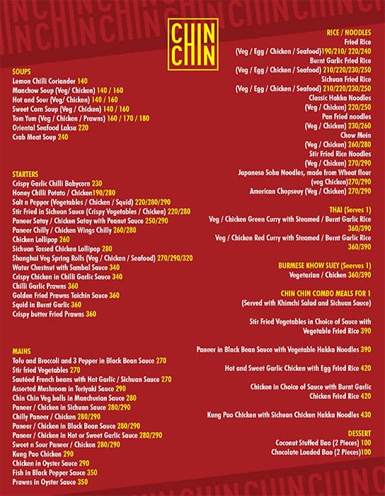 Menu of Chin Chin, Vashi, Navi Mumbai