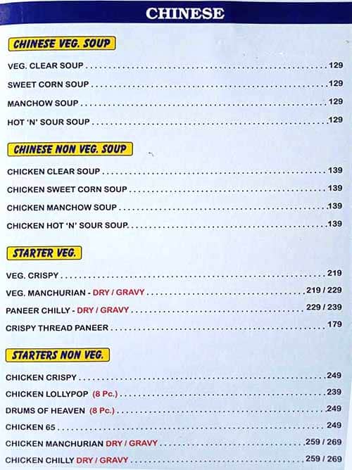 Menu of Hotel Appetite Family Restaurant & Bar, Powai, Mumbai