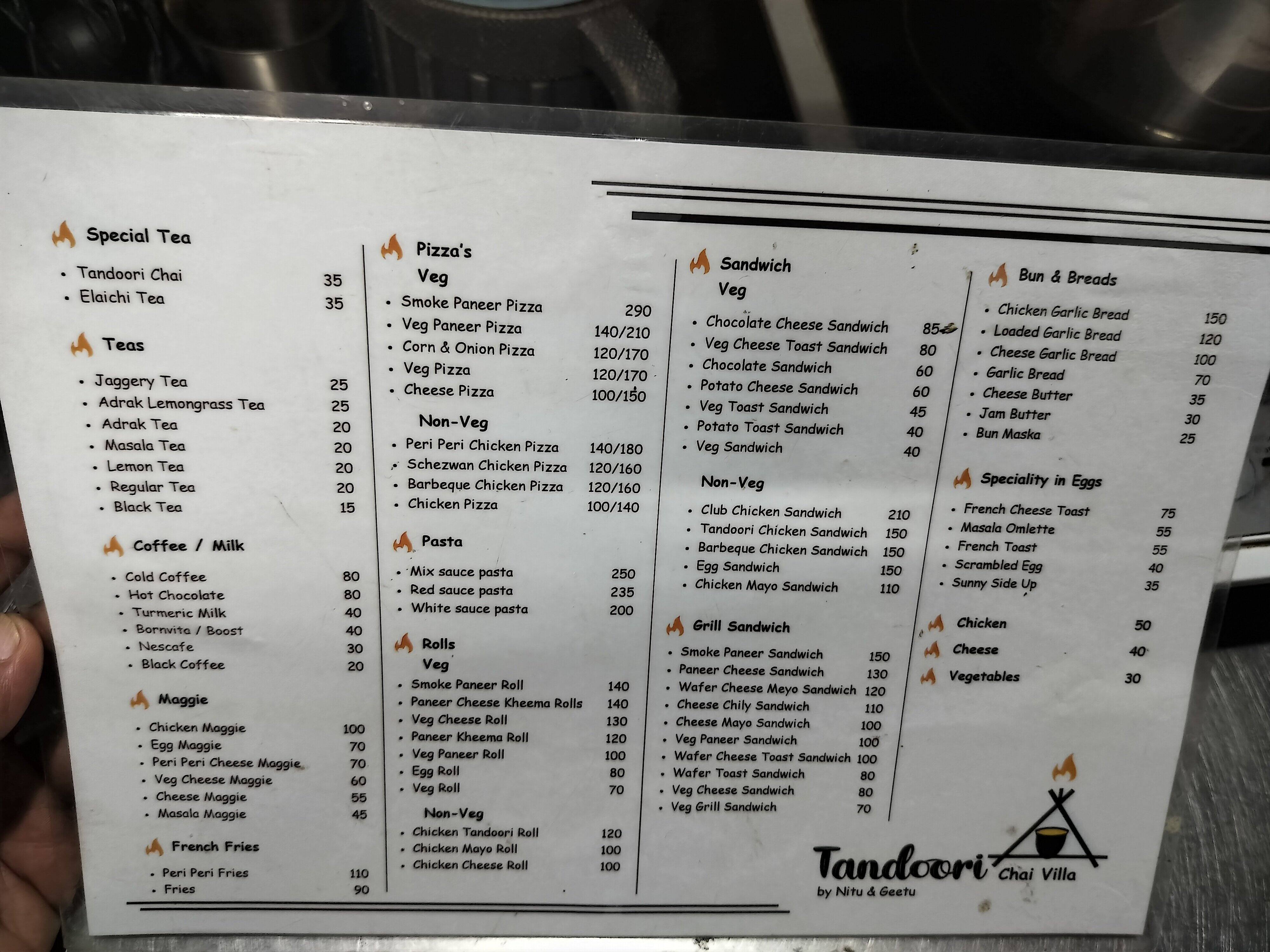 Menu of Tandoori Chai Villa, Dadar West, Mumbai