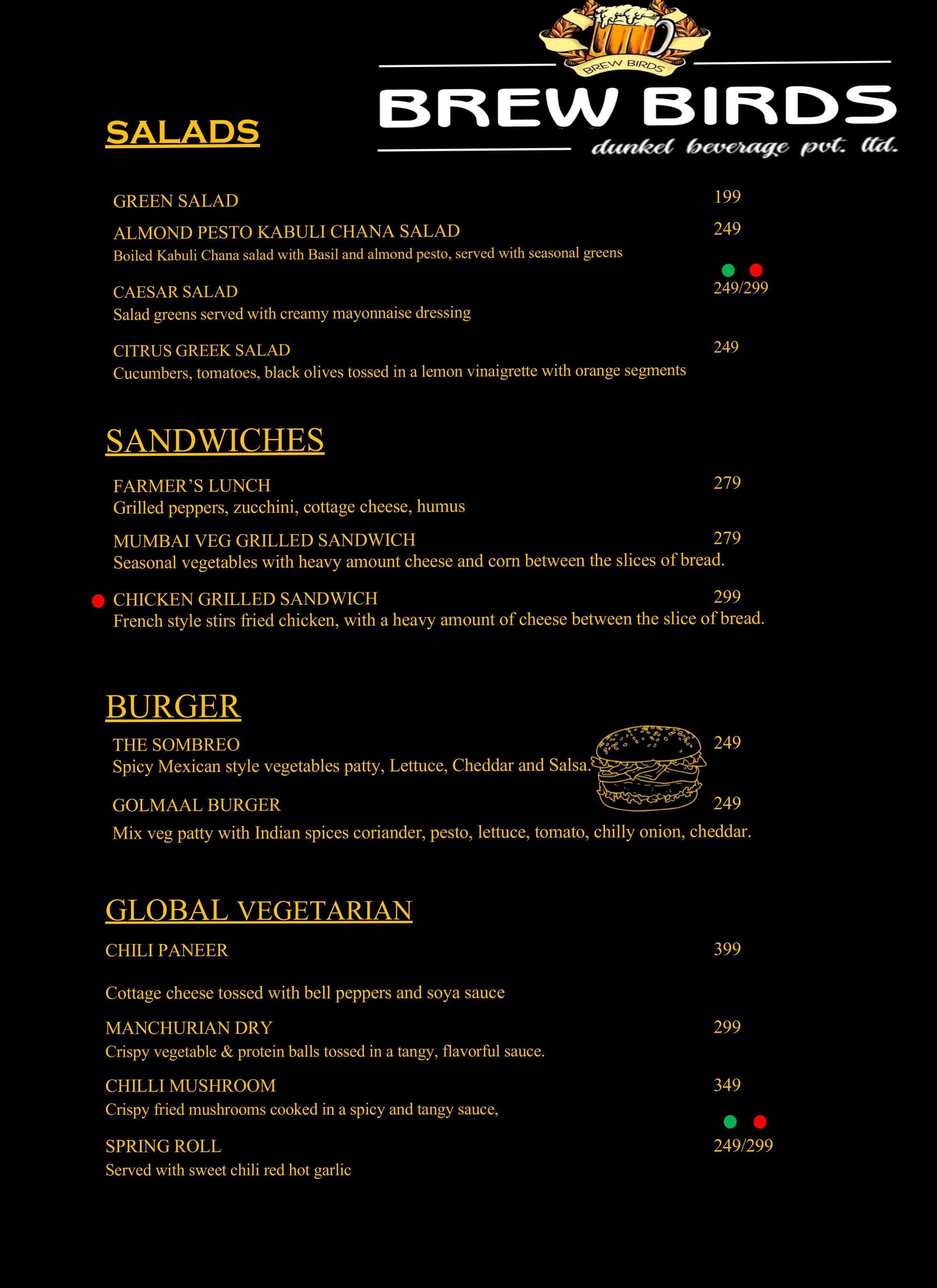 Menu of Brew Birds, Marble Market Area, Jammu