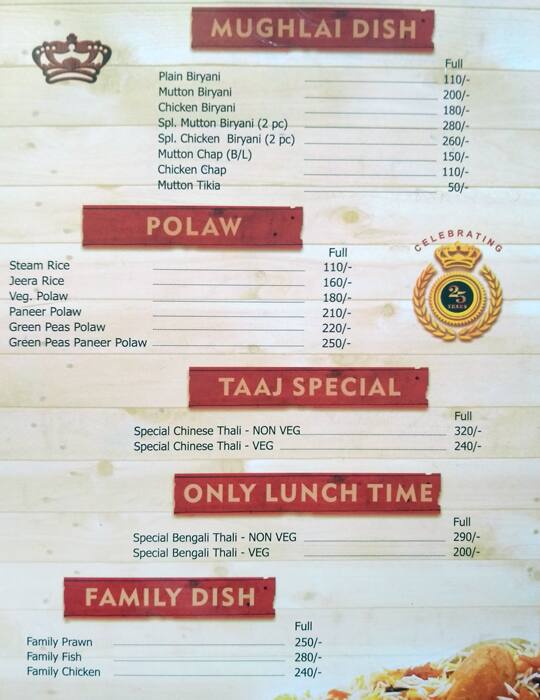 Menu at Hotel Taaj, South Dum Dum, 99/8